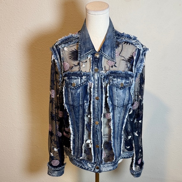 Adore | Jackets & Coats | Adore Denim Sheer Mesh Embroidered Floral ...